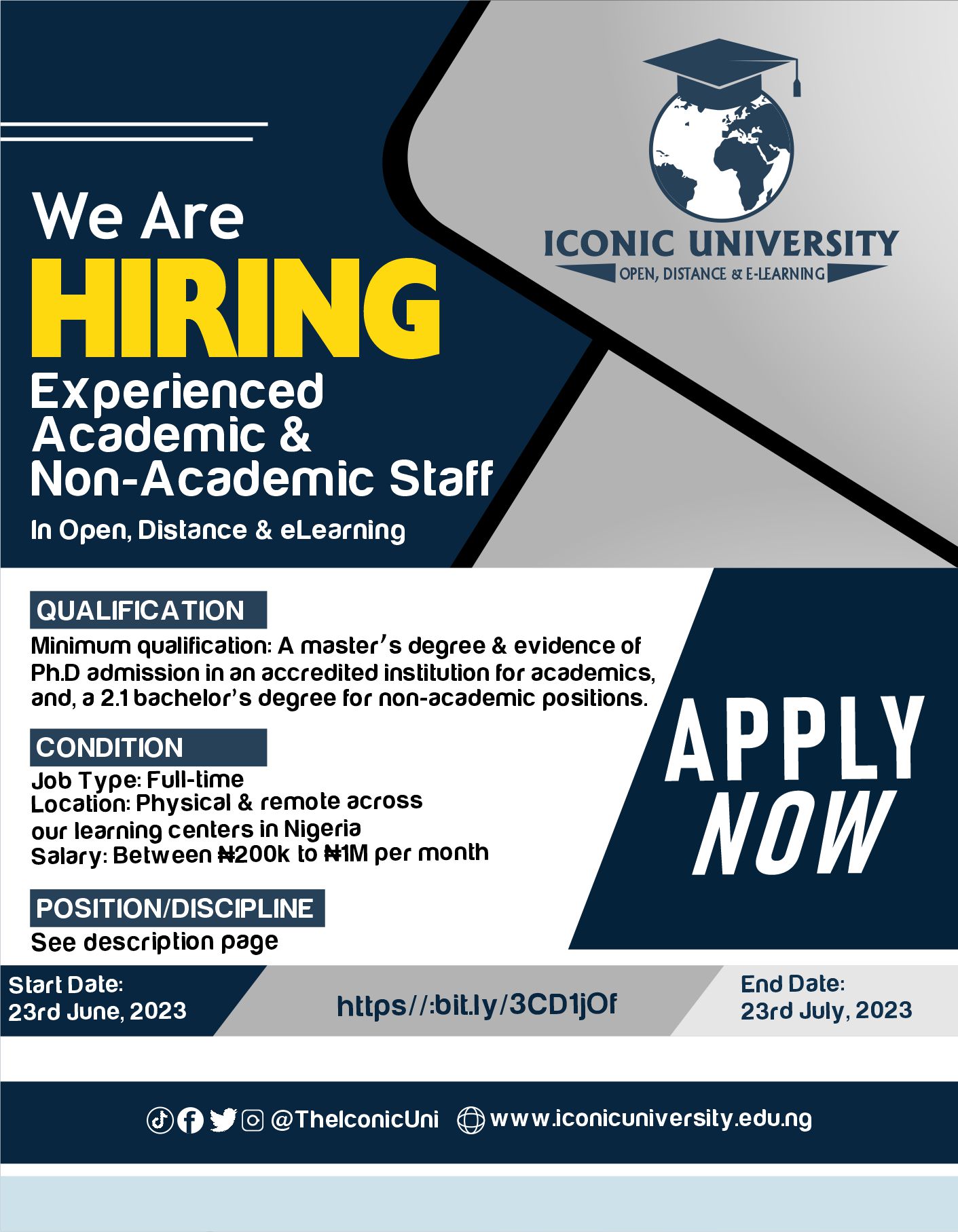 Call for Application: Academic & Non-Academic Staff at Iconic ...